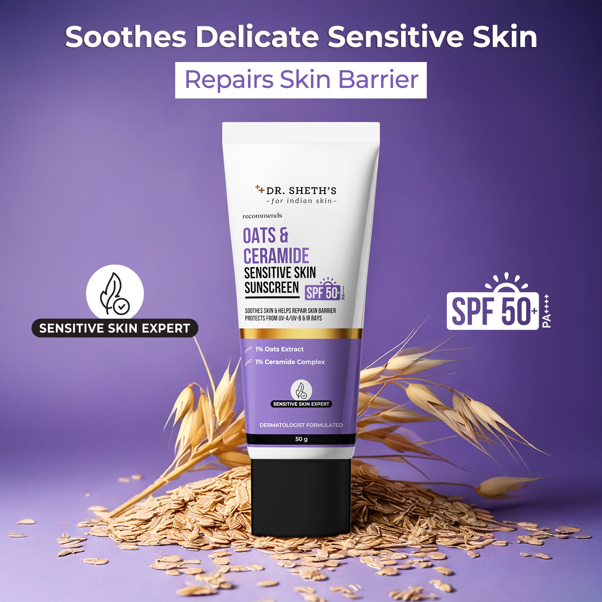 Oats & Ceramide Sensitive Skin Sunscreen - 50g – Dr Sheth's